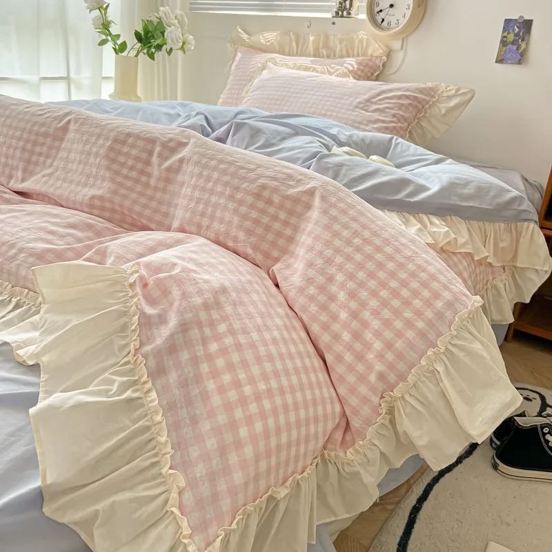 Kawaii Pastel Plaid Ruffle Bedding Set - roomtery