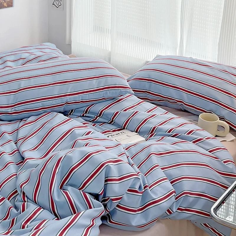 Minimalist Red Striped Light Blue Bedding Set | Aesthetic Bedding ...