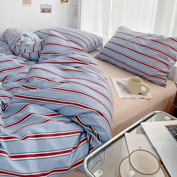 Minimalist Red Striped Light Blue Bedding Set | Aesthetic Bedding ...