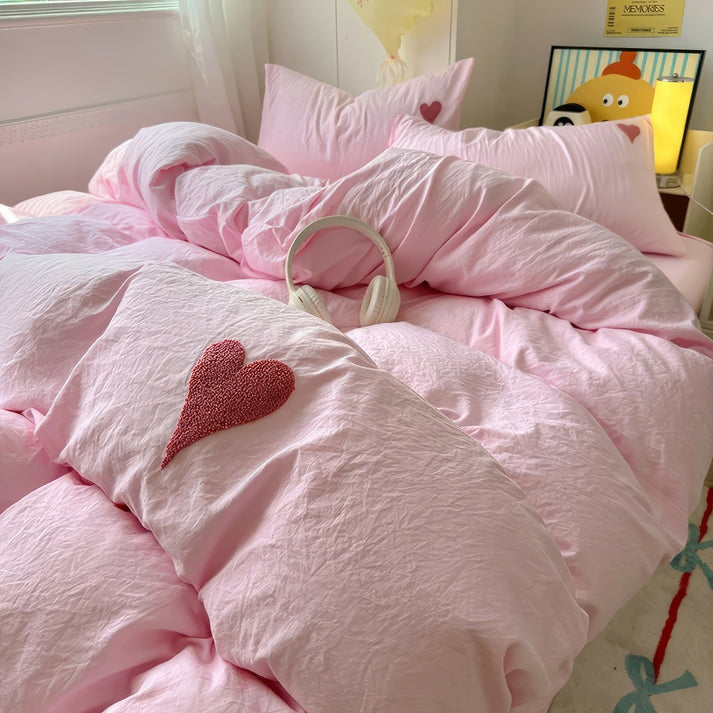 Pink Washed Cotton Bedding Set With Red Embroidered Heart - roomtery