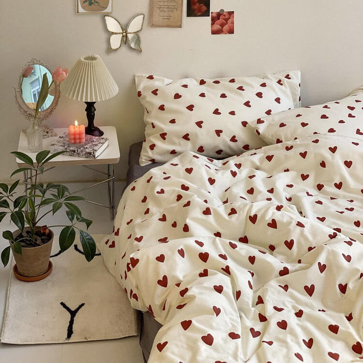 Vintage Red Hearts Bedding Set | Aesthetic Bedding - roomtery